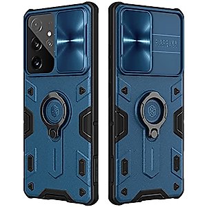 CloudValley for Galaxy S21 Ultra Case with Camera Cover & Kickstand, Slide Lens Protection+360° Rotate Ring Stand, Impact-Resistant, Shockproof, Protective Bumper Case for Samsung S21 Ultra 5G, Blue