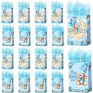16 Pack Bear Baby Shower Bags with 16 Pcs Tissue Paper Gender Reveal Party Favor Gift Bags We Can Bearly Wait Baby Party Candy Goodie Treat Bags for Baby Shower Kids Birthday Party Supplies