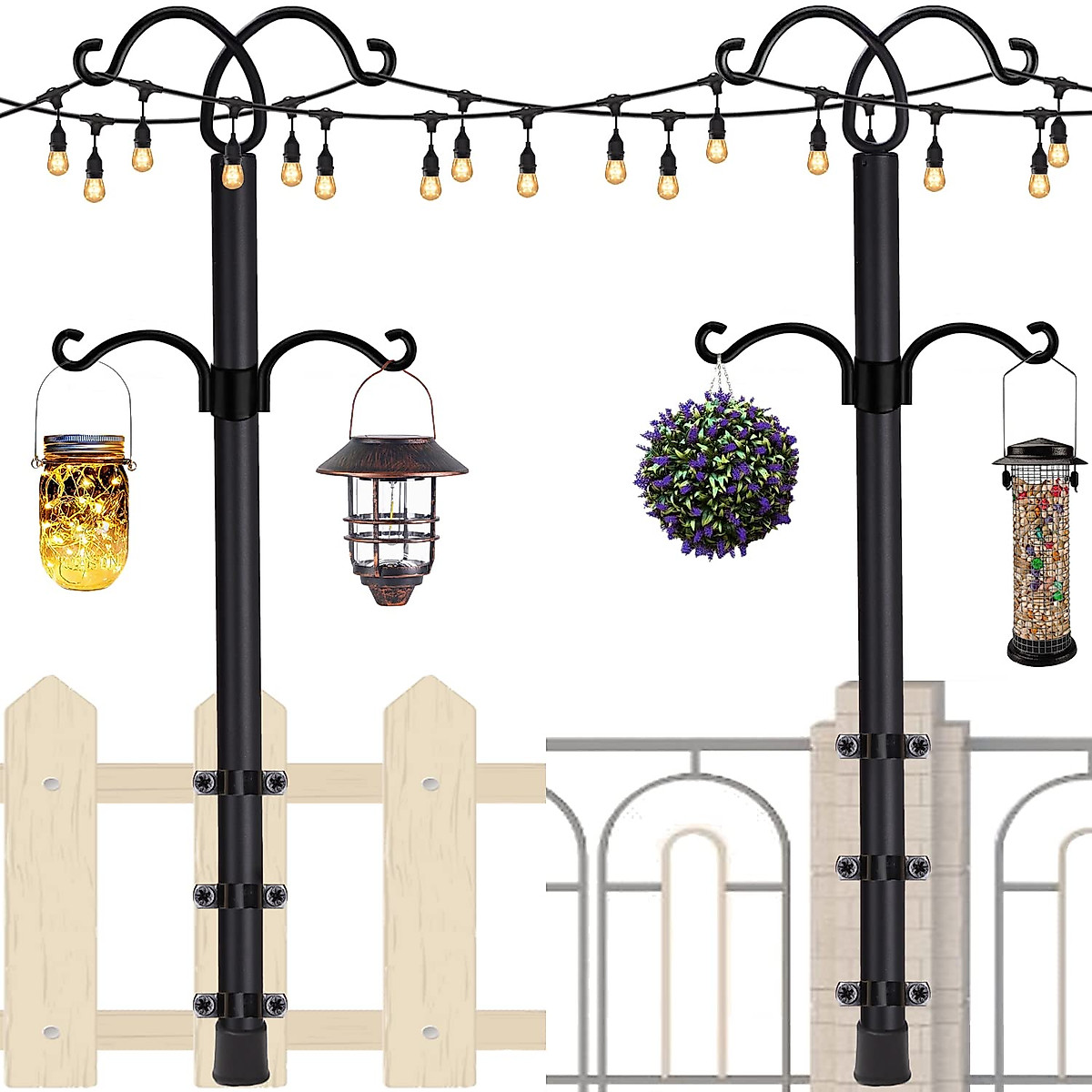 String Light Poles 2 Pack,110IN Height Adjustable Metal Stand Pole with Hooks for Hanging String Lights,Garden, Backyard,Patio Lighting Stand for Parties,Wedding (2Pack-Deck Pole, Black)