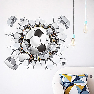 17"x16" 3D Soccer Football Cracked Wall Stickers Vinyl Decals Removable Decor for Living Room Kids Room Baby Nursery Boys Bedroom