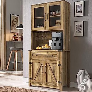 WESOME Farmhouse Bar Cabinet for Liquor and Glasses with Barn Door and Drawer, Liquor Cabinet Bar for Home/Kitchen/Dining Room, Yellow Walnut