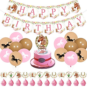 Fangleland Horse Birthday Decorations for Girls - Pink Floral Horse Happy Birthday Banner & Cake Topper & Cupcake Toppers, Horse Balloons Set for Western Cowgirl Birthday Party Supplies
