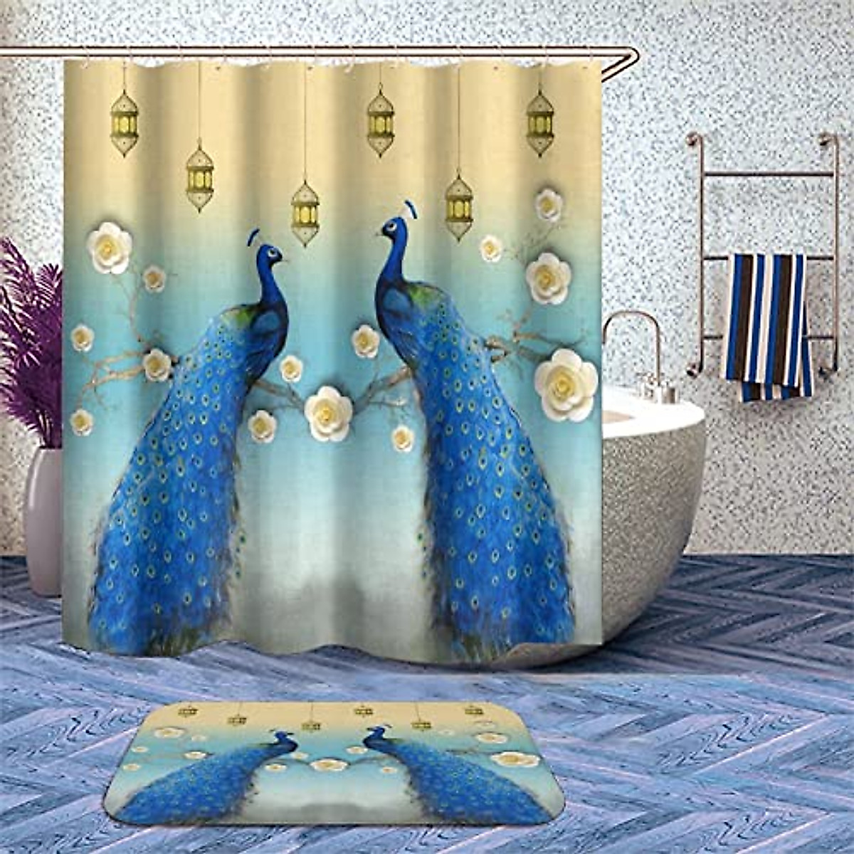 Zmcongz Peacock Shower Curtain Set with Rugs for Bathroom Decor Retro Style Blue Feather Birds Lanterns Flower Bathroom Decor Bath Curtain with Rugs Toilet Lid Cover Bath Mat, 72x72 Inch