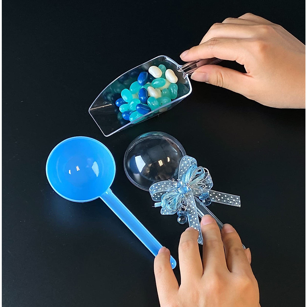 48 Pieces Fillable Baby Rattle Party Favors, Blue with Decorative Bear & Ribbon