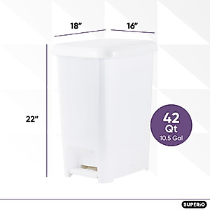 Superio 10.5 Gallon Slim Step On Pedal Plastic Trash Can, Waste Bin for Under Desk, Office, Bedroom, Bathroom- 42 Qt Beige 2 Pack (White)