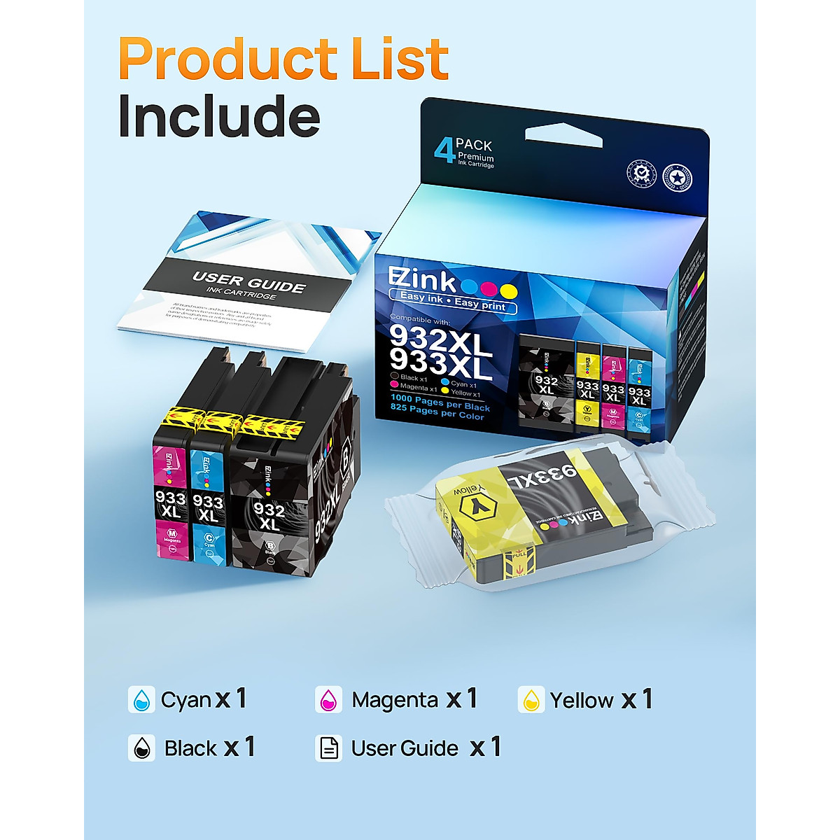 E-Z Ink (TM Compatible Ink Cartridge Replacement for HP 932XL 933XL 932 933 to use with Officejet 6100 6600 6700 7110 7510 7610 7612 Printer (1 Black, 1 Cyan, 1 Magenta,1 Yellow) 4 Pack