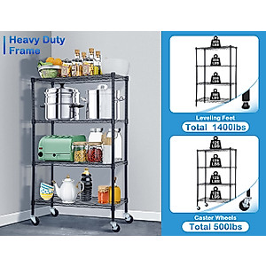 4-Tier Kitchen Storage Shelves Wire Shelving, Adjustable Storage Shelf Metal Storage Rack on Wheels, Shelf Unit Organizer for Kitchen Bread Microwave Oven Stand, 35.6"L x 14"W x 61.8"H, Black