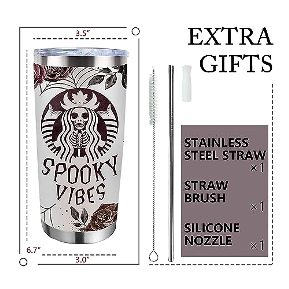 Zzkol Halloween Spooky Vibes Skeleton Tumbler with Lid and Straw, Rose Flower Skull Ghost Spider Web Stainless Steel Travel Coffee Cup, 20oz Gothic Double Wall Vacuum Insulated Mug Halloween Gifts