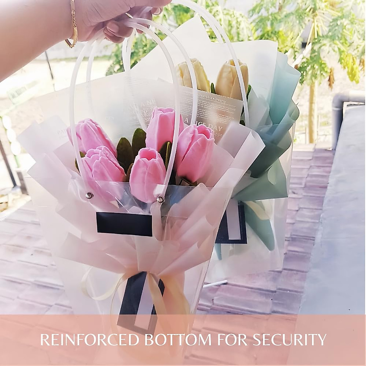 BBC Clear Flower Bouquet Bags with Handle Florist Shop Packaging Supplies, 5 Pcs (11.4 * 5.9 * 16.7inch)