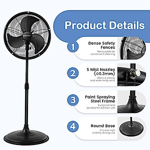 COSTWAY Outdoor Misting Fan, 20-Inch Pedestal Fan with Adjustable Height, 3 Speeds, 90° Oscillation, Rustproof Steel Frame and 6.5 FT Water Inlet Pipe, Oscillating Fan for Cooling Outdoor Spaces