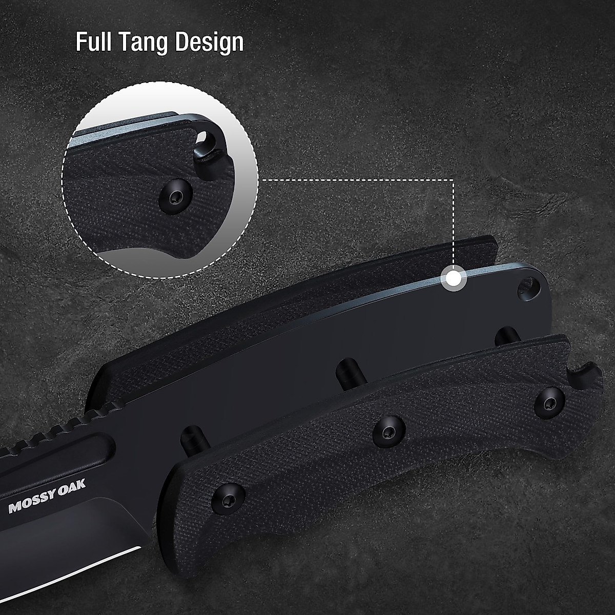 MOSSY OAK Hunting Knife with Sheath, 8.5-inch Full-tang Fixed Blade Knife, Outdoor Knives for Survival, Camping, Hiking (G10 Handle-Black)