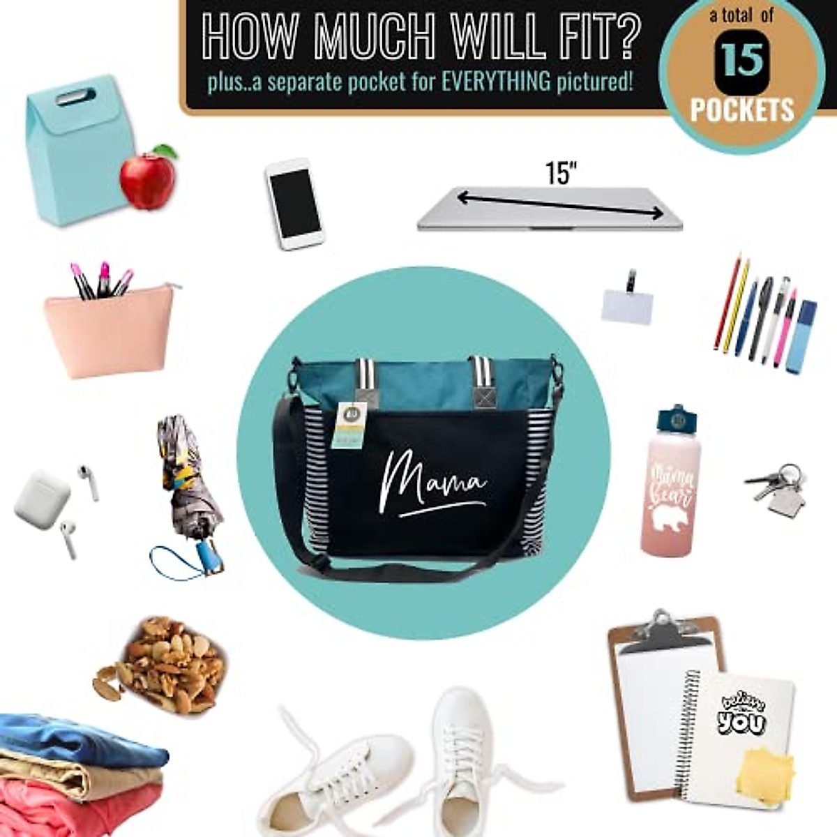 Brooke & Jess Designs Mommy Bag for Hospital - Mama Bear Mom Tote Bag - Mom Bags for Women, Maternity Gift Bags for Mamas (Mama LouLou Teal)