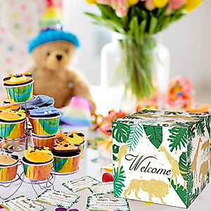 51 Pieces Safari Baby Shower Card Box Holder and Advice Cards Safari Diaper Raffle Cards Diaper Raffle Game Box Tickets for Safari Jungle Zoo Animals Themed Baby Shower Party Decorations Supplies