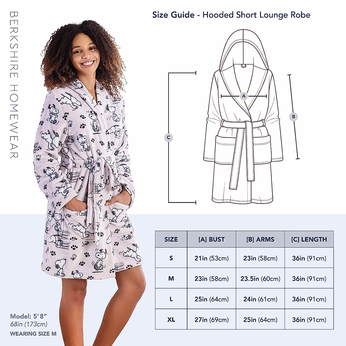 Berkshire Blanket Peanuts® Snoopy VelvetLoft® Soft Lightweight Women Robes, Short Hooded Robe with Pockets, Gifts for Women(Peanuts Poses and Paws Lavender, Large)