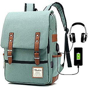 Vintage Laptop Backpack for Women Men, School College Backpack with USB Charging Port & Headphone Jack, Fashion Backpack Fits 15.6 inch Notebook - Green-Function Update