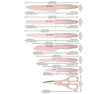 KATISUN Kitchen Knife Set with Guards, 13 Piece Pink Non-Stick Boxed Knives Set, Anti-Rust and Dishwasher Safe, 6 Knives with 6 Blade Covers and Kitchen Shears