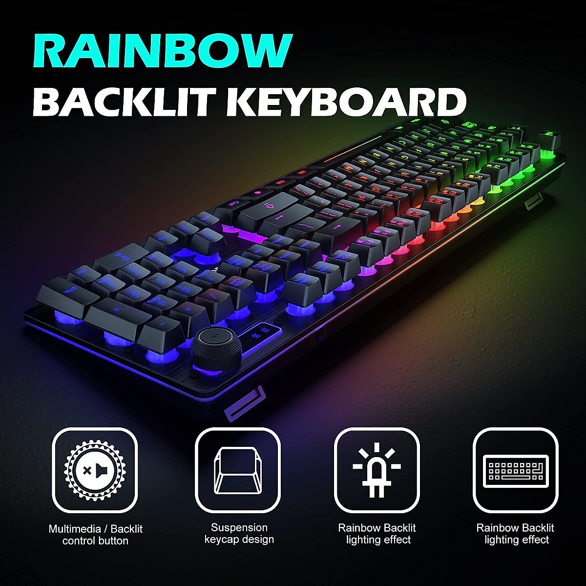 TNBIU Gaming Keyboard, 105-Key Wired Membrane Keyboard, Rainbow LED Backlit Keyboard, Floating Keycap Design, Aluminum Alloy Panel, Stylish Appearance Design, Suitable for Desktop, Computer, PC