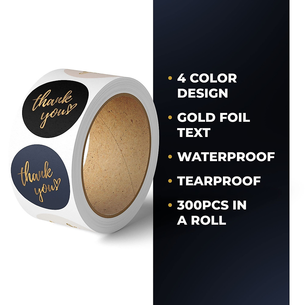 Mobiusea Party Thank You Stickers Roll | Simple and Sincere | 2 inch | Waterproof | 300 Labels for Small Business, Packaging, Mailer Seal Stickers | 4 Classic Colors with Gold Foil Design