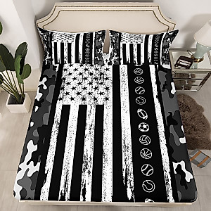Feelyou Black Camo Bed Sheet Set Camouflage Bedding Set Military Style Fitted Sheet Baseball Football Flat Sheet for Kids Boys Girls Adults Full Size with 2 Pillow Case