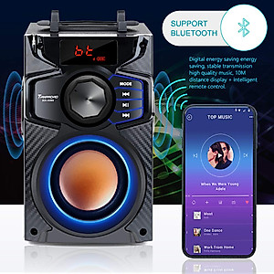 Bluetooth Speakers, Wireless Speaker with Impressive Sound, Rich Bass, Wireless Stereo Pairing, Portable Speaker with Party Light, Support Remote Control FM Radio for Phone Computer PC Home TV