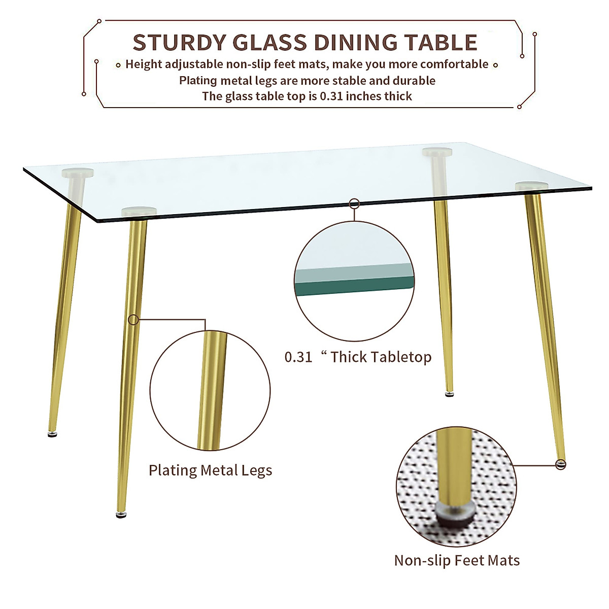 51 inch Glass Dining Table Set for 4, Dining Table & Chair Sets with Gold Plating Legs for Kitchen, Modern Rectangle Tempered Glass Table Top and Transparent Plastic Dining Chair for Dining Room