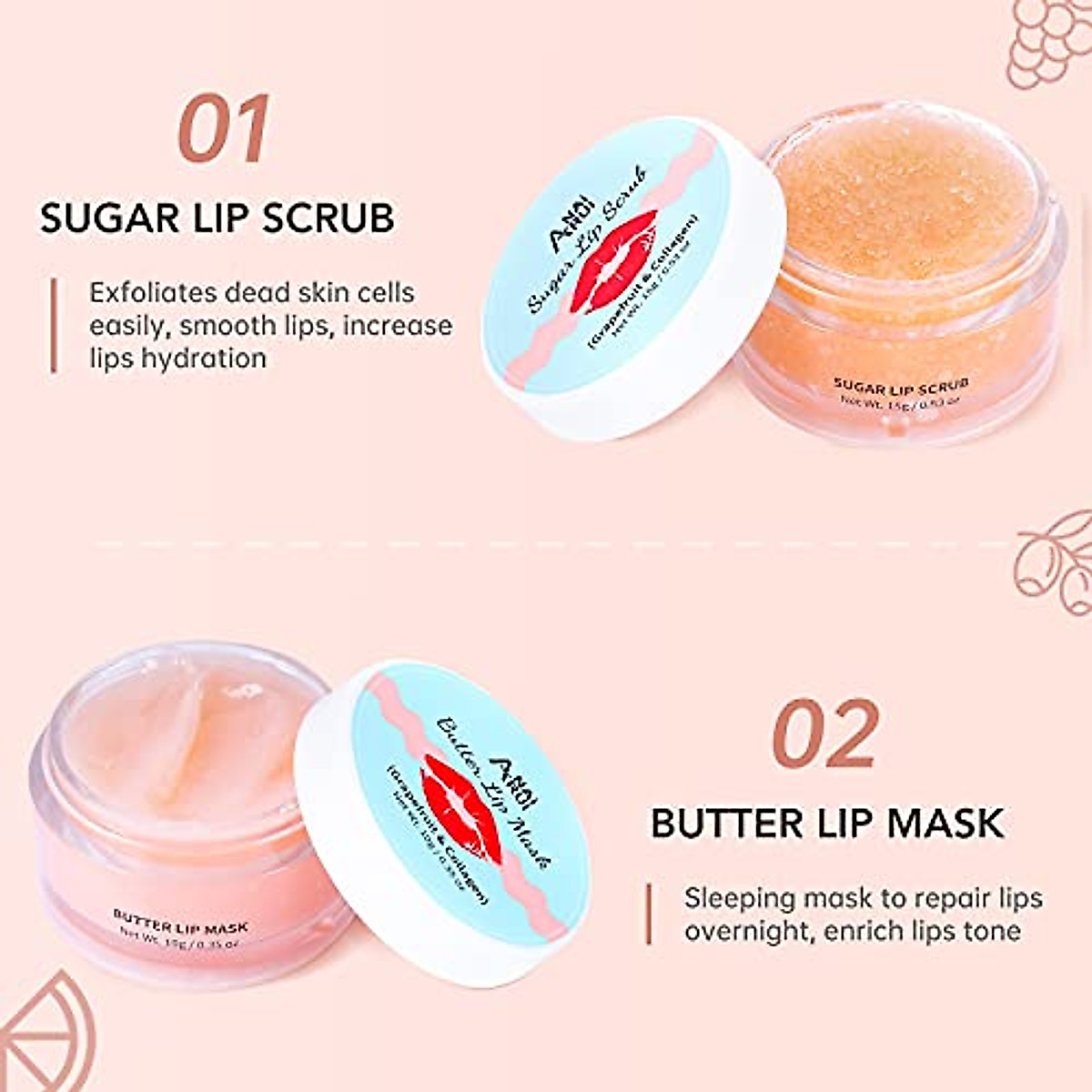 ANAIRUI Lip Therapy Set - Collagen Lip Care Kit - Lip Sleeping Mask & Sugar Lip Scrub, Lips Plumping Mask for Lip Line Wrinkle Treatment, Lip Balm & Moisturizer for Dry Chapped Lips, Exfoliating Repairing Lips Overnight (Grapefruit & Collagen)
