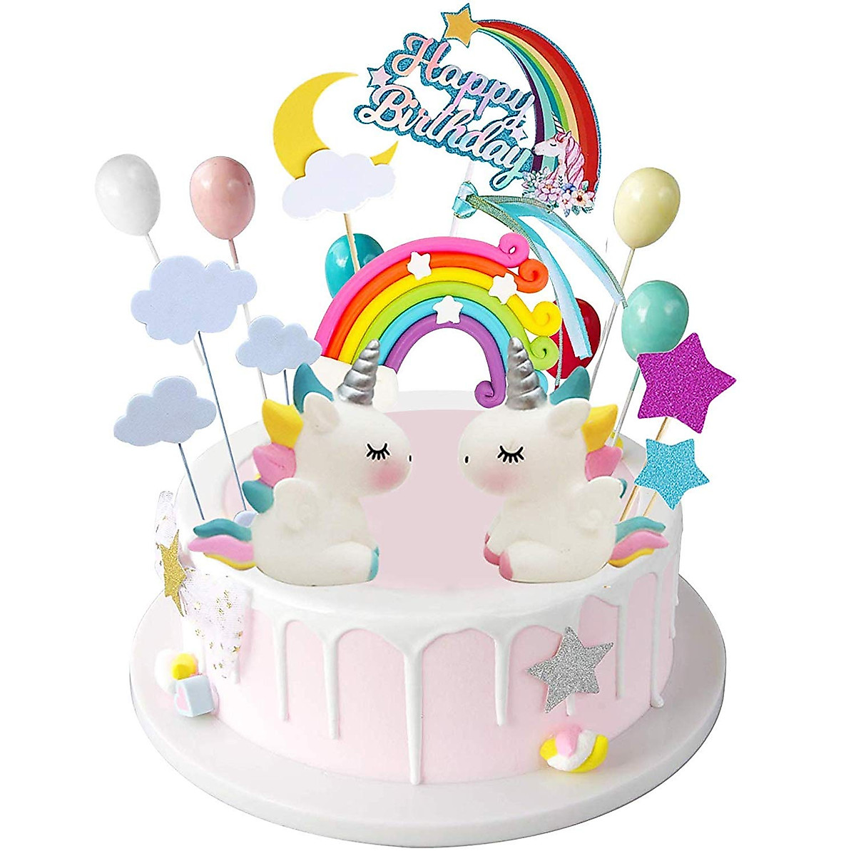 MOVINPE 21pcs Unicorn Cake Topper Kit Cloud Rainbow Balloon Happy Birthday Banner Cake Decoration For Boy Girl Kid Birthday