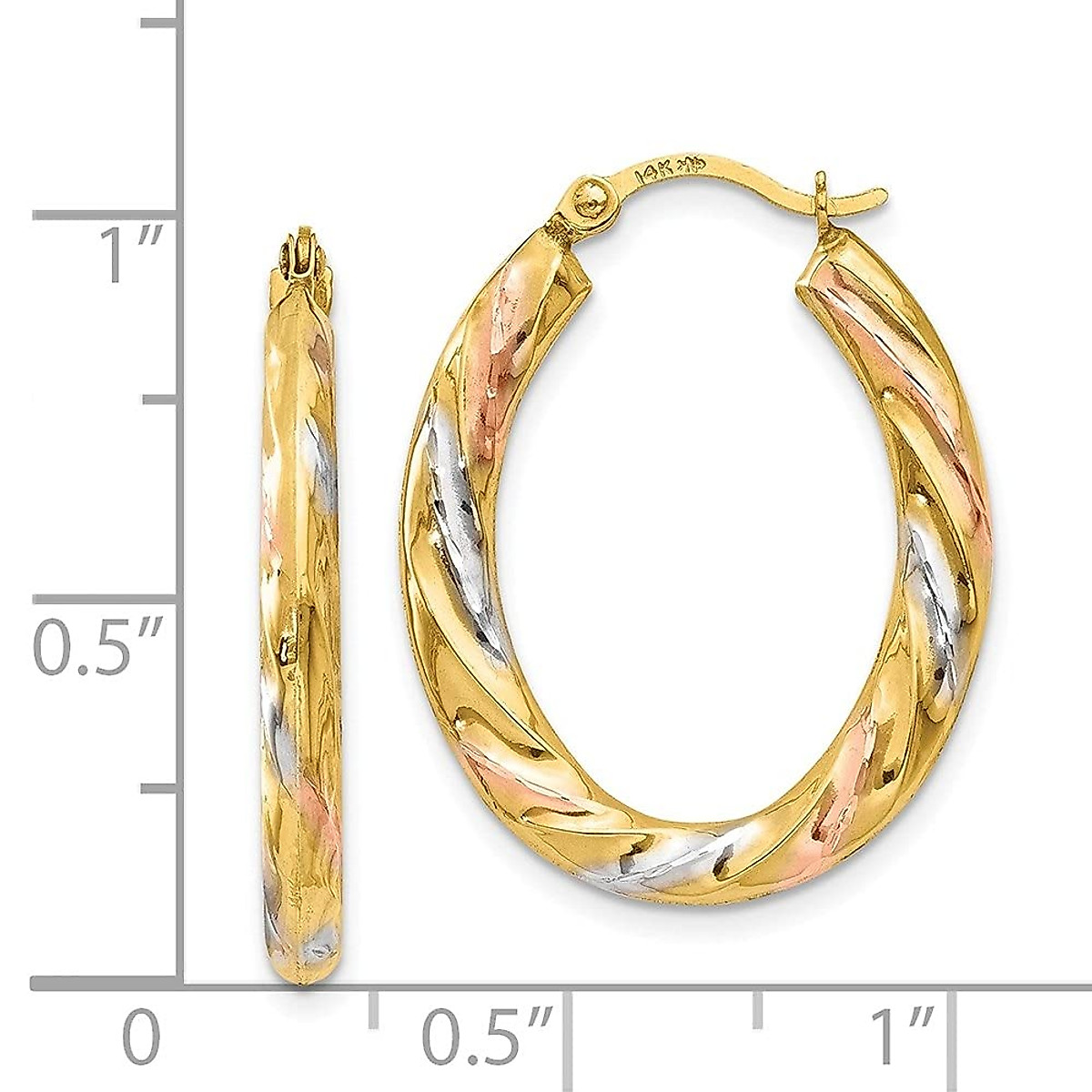 Diamond2Deal 14k Yellow Gold White Rose Rhodium Plated Oval Hollow Scallop Hoop Earrings (Length 0.94 in, Width 0.75 in)
