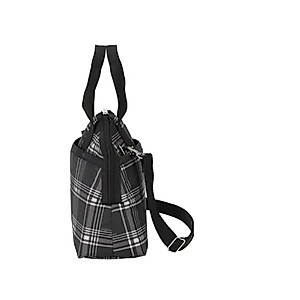 LeSportsac Pearl Plaid York Satchel Convertible Crossbody + Top Handle Handbag, Style 3561/Color E570, Sophisticated Modern Plaid - Black, Slate Grey & Ivory Pearl