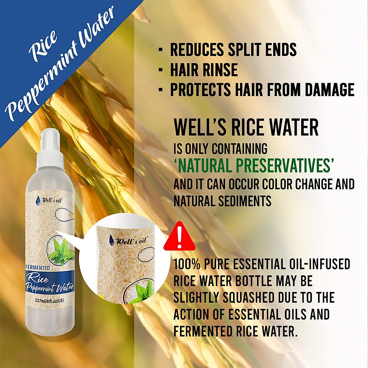 Well's Oil Fermented Rice Water Spray with Peppermint Oil (8 Fl Oz) - Leave in Conditioner for Softness and Shine | Supporting Hair Growth, Reducing Split Ends & Strengthening Hair and Scalp