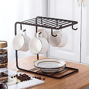 GWEOBZ 2 Pack Cup Organizer for Kitchen Cabinets Metal Mug Holders Stand for Counter Universal Wire 6 Hooks Cup Display Rack- Brown (2)