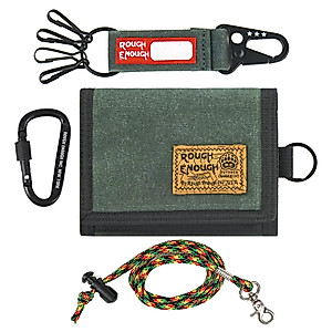 Rough Enough Boys Wallet for Teen Boys Kids Youth with Tactical Keychain Neck Lanyard Carabiner Army Green Canvas