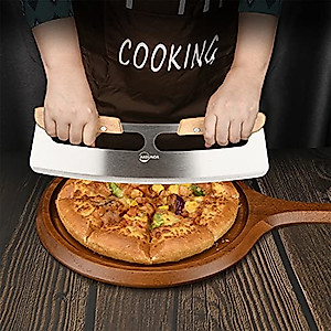 14" Premium Pizza Cutter Rocker Style AKGUNDA , Very Sharp Stainless Steel Pizza Knife Slicer Blade with Cover, Safer with Double Wooden Grip, Chopper Suitable for Cakes all Types of crusts