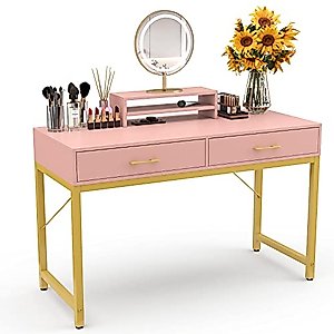 WESTREE Women Makeup Vanity Desk with 2 Drawers - Bedroom Home Office Desk, Wooden Height Monitor Stand & Storage Shelf Without Mirror, Pink Table Great Gift for Her