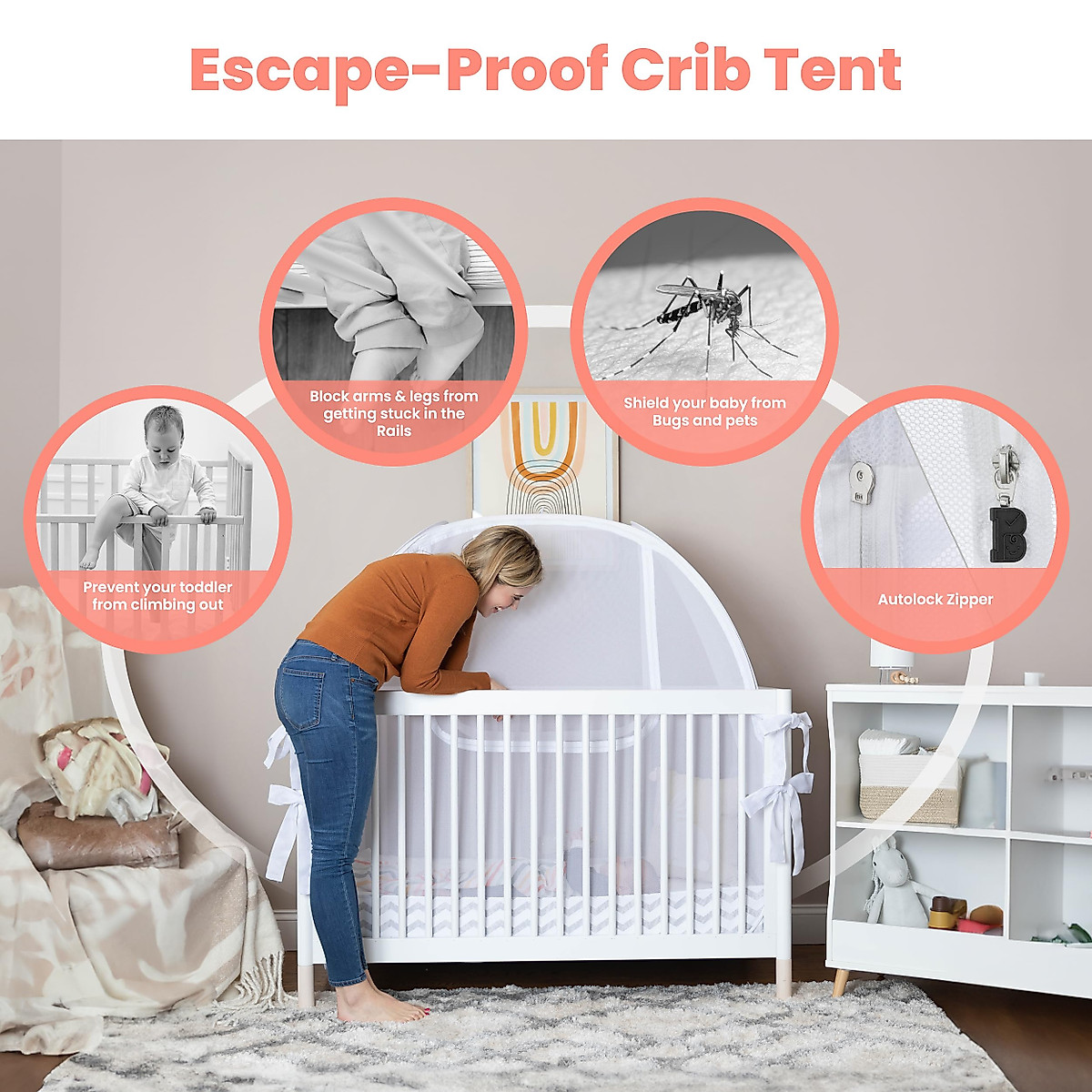 Crib Tent by Pro Baby Safety - Crib Topper Net with Viewing Window – See Through Soft Silky Mesh - Zippered Safety Top for Mosquito Bites and Falling Protection for Infant