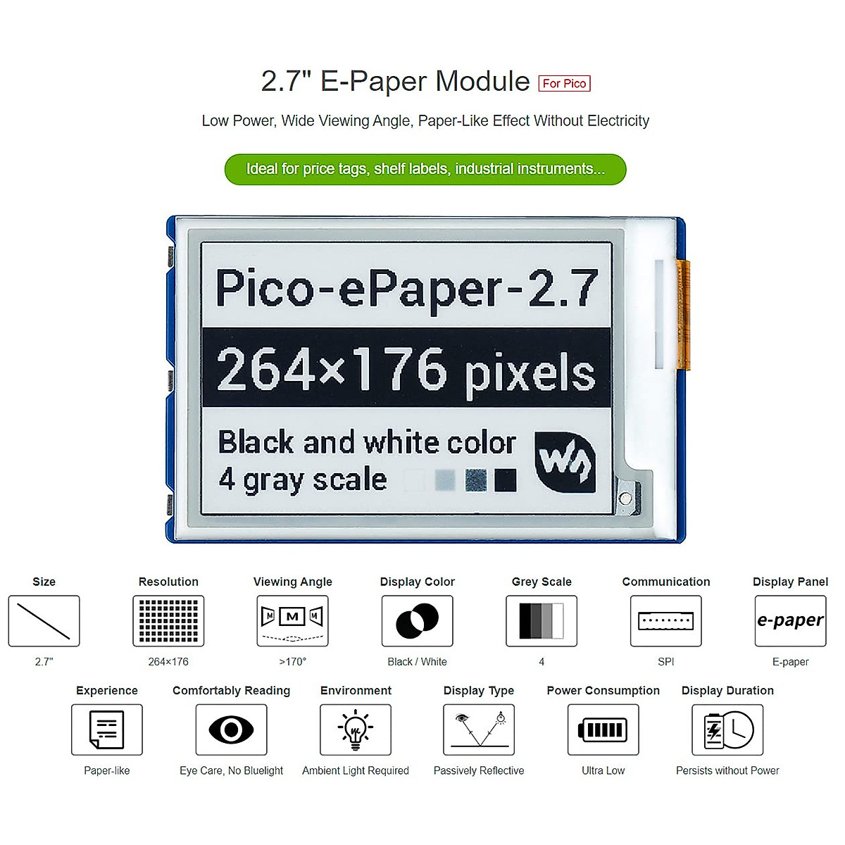 Waveshare 2.7inch E-Paper Display Module for Raspberry Pi Pico, 264×176 Resolution Black/White Two-Color E-Ink Screen, SPI Interface 4 Grayscale，with Three User Buttons for Easy Interacting