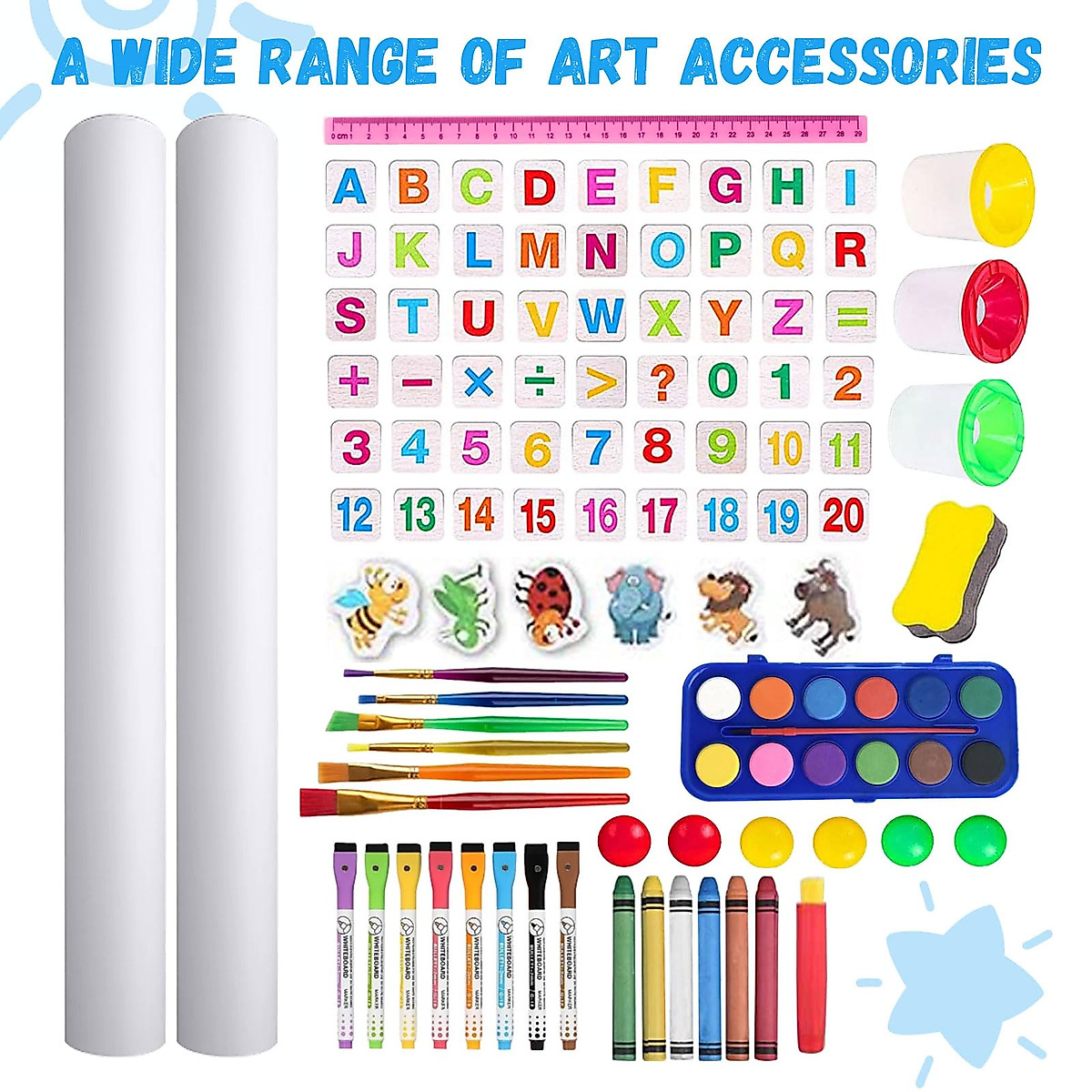 Easel for Kids Including 100+ Accessories - White Board for Kids and Black Board Double Sided Adjustable Wooden Kids Easel with 1 Drawing Paper Roll Wooden Magnetic Drawing Board for Kids