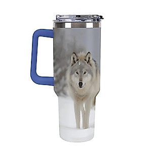 40 Oz Vacuum Tumbler with Deep Blue Handle Leakproof Insulated Tumbler Two Wolves Walking in The Snow Stainless Steel Travel Mug with Lid And Straw Coffee Cup Cute Water Bottles Cup Holder Friendly