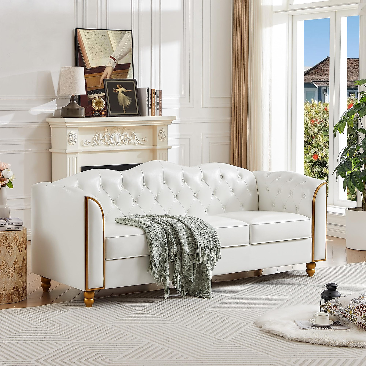 HITHOS 78" Leather Sofa Couch, Soft 3 Seater Sofa Couches for Living Room, Button Tufted Comfy Couch Modern Sofa with Upholstered Cushion, Gold Trim, Solid Wood Legs for Dorm Bedroom Apartment, White