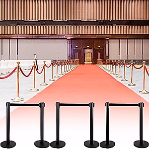 VEVOR Crowd Control Stanchion Set, Stanchion Set with 6.6 ft/2 m Black Retractable Belt, Black Crowd Control Barrier w/Concrete and Metal Base - Easy Connect Assembly (6)