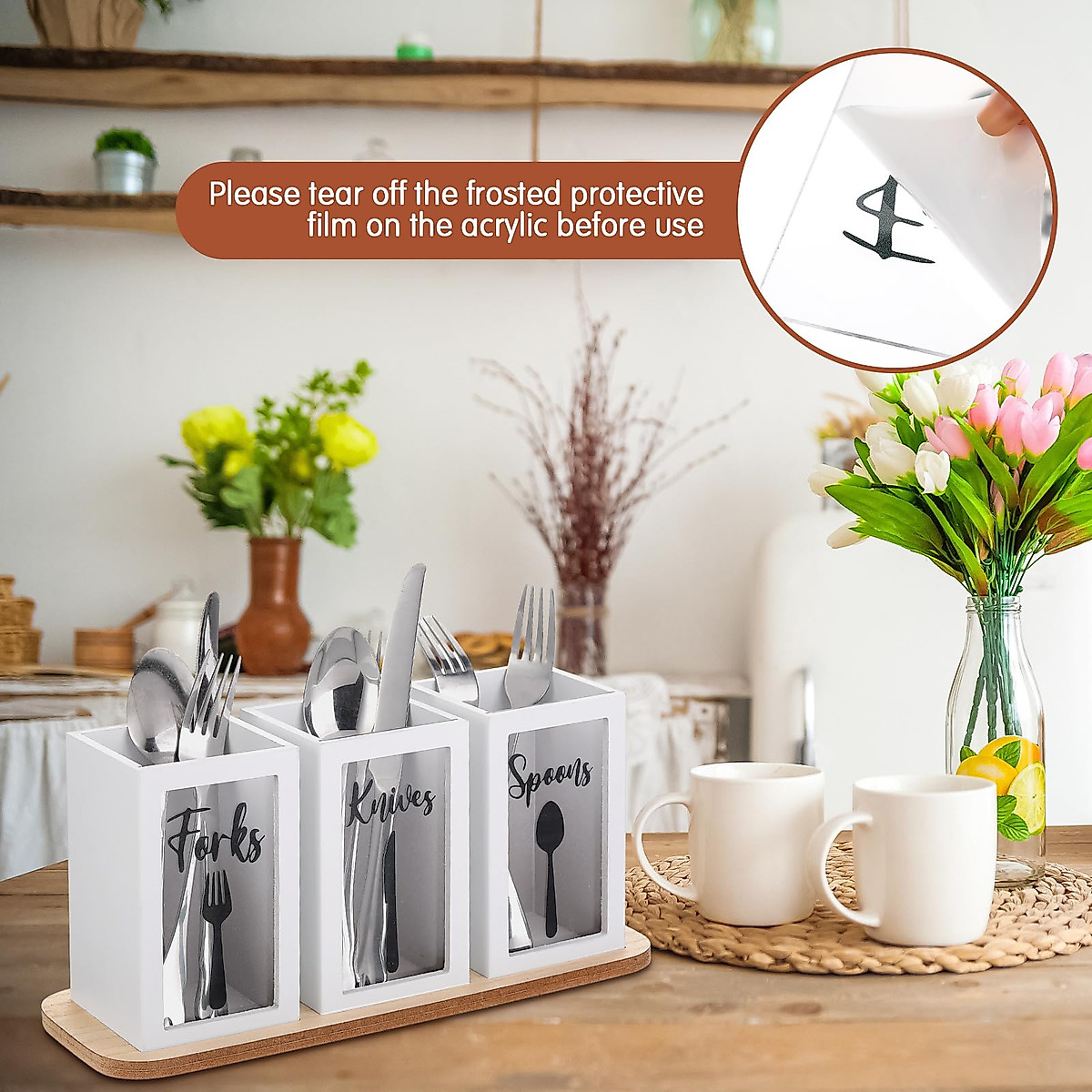 Gejoy Clear Acrylic Silverware Caddy Utensil Holder for Countertop Silverware Organizer with Wood Tray Spoon and Fork Holder Cutlery Silverware Holder Utensil Caddy Flatware Organizers (White)