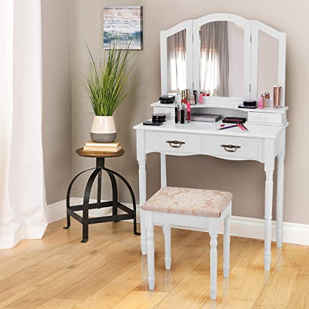 ReunionG Vanity Set w/Stool and Mirror, Multifunction Makeup Table Writing Desk w/Drawers, Trifold Large Mirror and Cushioned Stool, for Home Bedroom Vanity Dressing Table Desk (White)