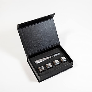 Whiskey Stones Stainless Steel Gift Set for Men, Dad - Reusable Waterless Cooling Ice Cubes with Tongs for Drink, Beverage, Bourbon, Coffee - 4 Pcs with Tongs in Box