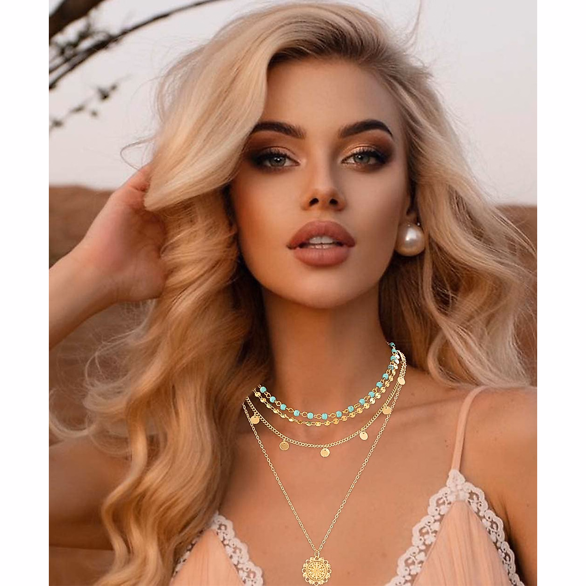 Hermoli Boho Choker Women Necklace Gold Turquoise Coin Pendant Layered Necklaces Chain Glitter Bohemia Sequin Tassel Necks Jewelry for Women