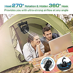 Portable Rechargeable Fan with Light, 10000mAh Battery Operated Tent Fan with Light & Hook, 270° Pivot, 3 Speeds, Personal USB Table Fan for Camping, Power Outage, Hurricane, Jobsite