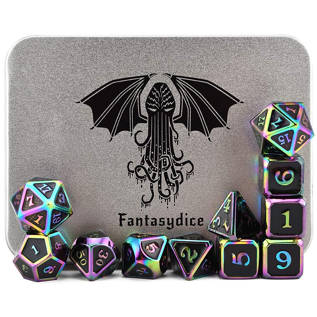 Rainbow Eldritch Cthulhu Scales Metal Dice Set 11 Polyhedral Dice with Metal Box for Dungeons and Dragons (D&D, DND 5 Edition) Call of Cthulhu Warhammer Shadowrun and All Tabletop RPG for Game Lovers.
