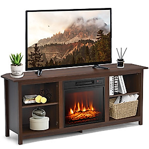 Electric Fireplace TV Stand for 65 Inch TV, 58 Inch Farmhouse Entertainment Center with 18" Fireplace, 6H Timer & Remote Control, 4 Storage Cabinet, Brown