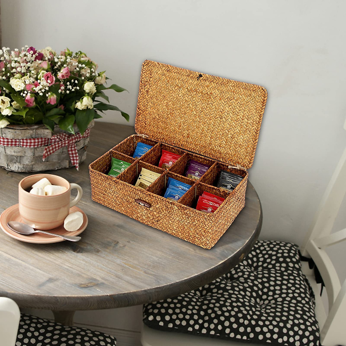 ELLDOO Tea Bags Box with Lid, Wicker Rattan Sugar Packet Holder Coffee Station Condiment Organizer Countertop Storage Desk Baskets for Pantry Coffee Bar Shelves, 8 Grids