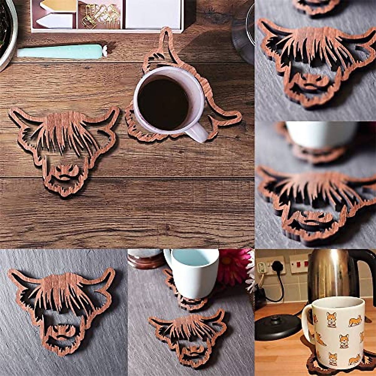 1 Pc Wooden Highland Cow Table Mats, Hollow Out Cup Coaster Hot Pads Dish Mat Non-Slip Coaster for Bar Club Home Decorations