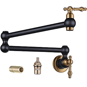 WOWOW Pot Filler Faucet Over Stove, Solid Brass Pot Filler Wall Mount Commercial Kitchen Sink Pot Filler Copper Folding Faucet, with Stretchable Double Joint Swing Arm, Black and Gold